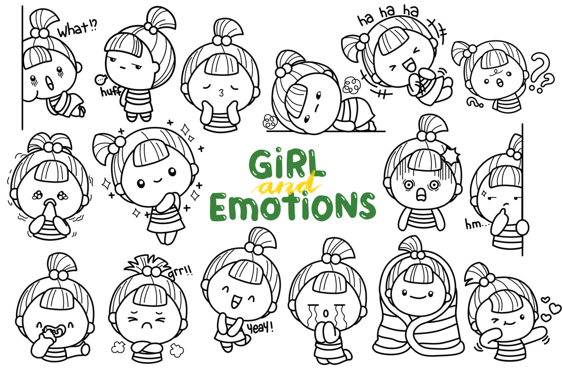 Girl and Emotions Clipart - Cute Kids Coloring – inkleystudio