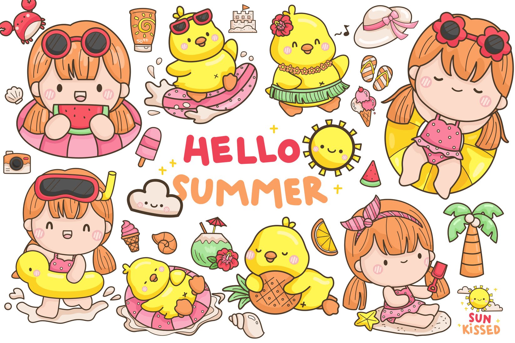 Cute Duck and Girl Clipart - Cute Summer Clip Art – inkleystudio