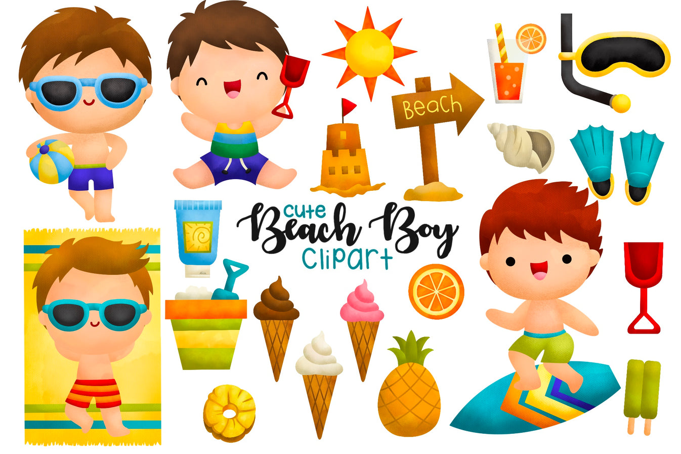 Boy on Beach Clipart - Cute Kids Clip Art Watercolor – inkleystudio