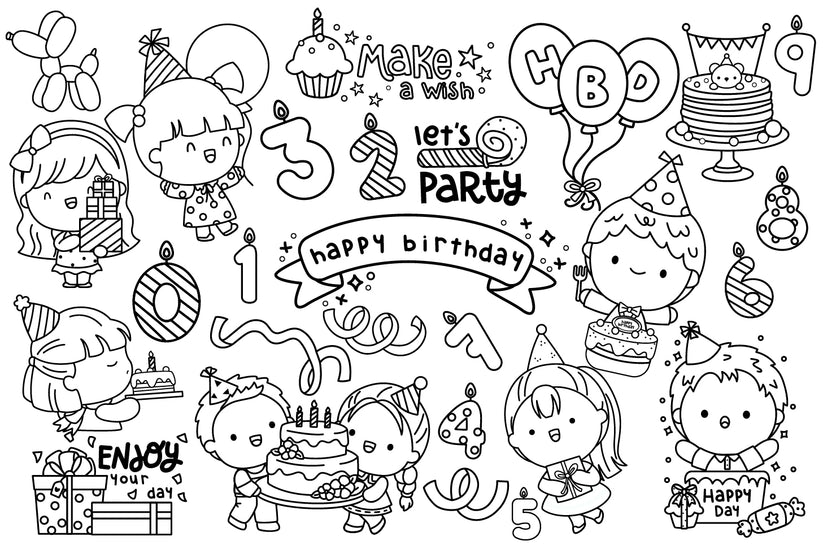 Birthday Party Clipart - Kids Celebration Party Coloring – inkleystudio