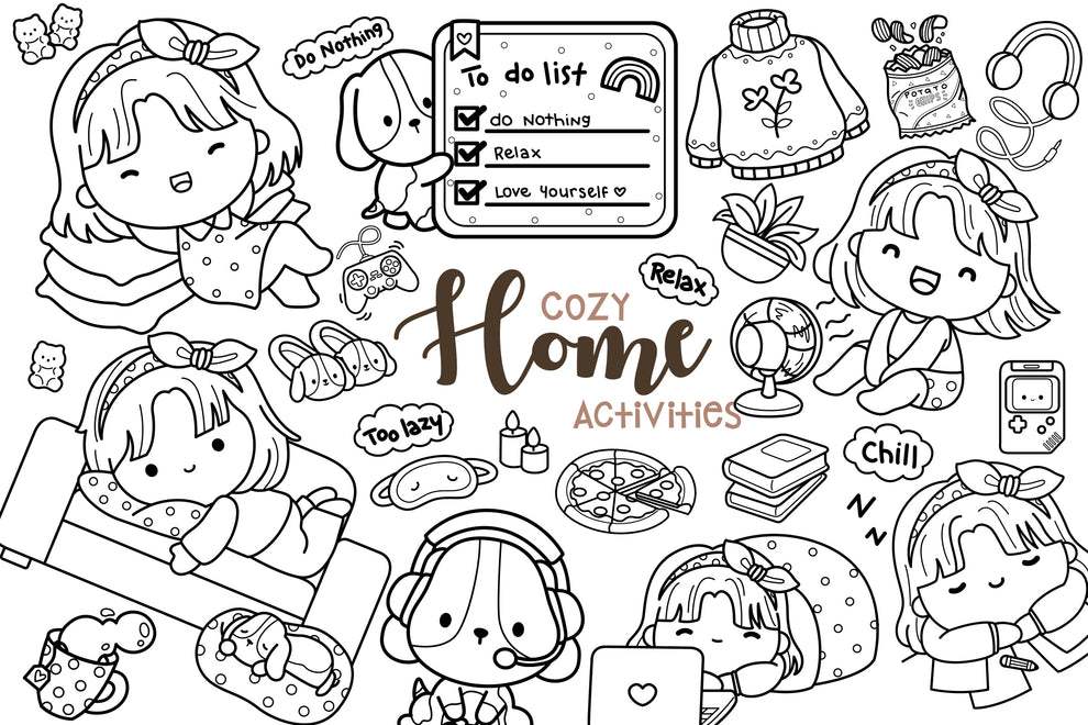 Cozy Home Activities Clipart - Cute Girl Clip Art Coloring – inkleystudio