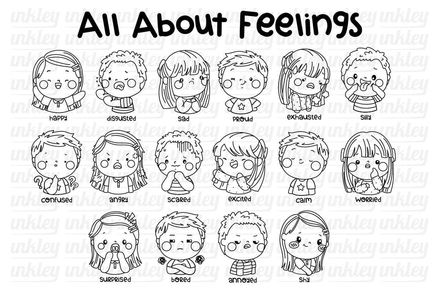 Emotions and Feelings Clipart - Cute Kids Clip Art Coloring – inkleystudio