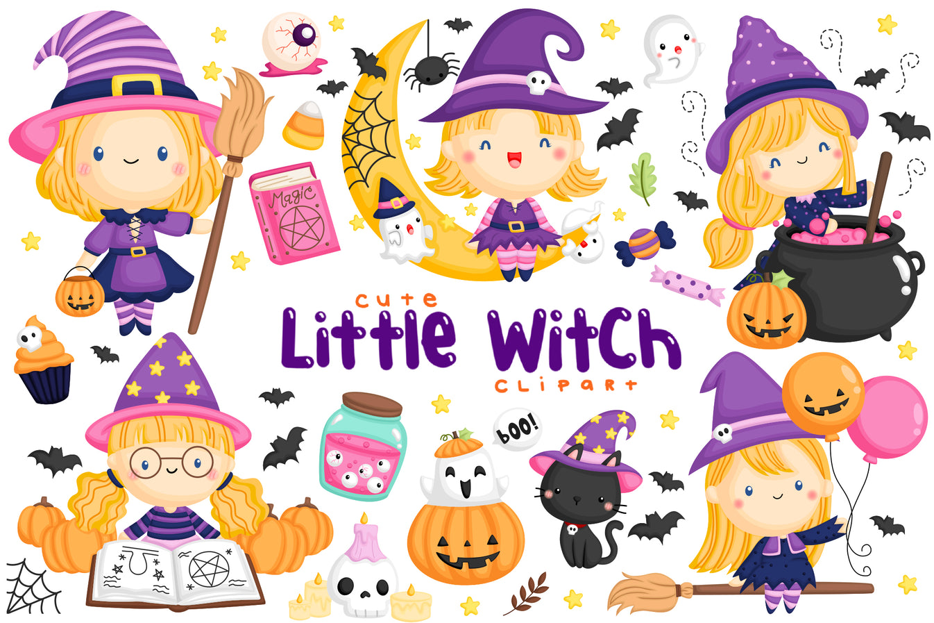 Cute Witch Clipart - Cute Halloween Clip Art – inkleystudio