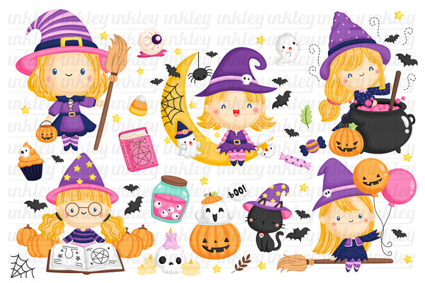 Cute Witch Clipart - Cute Halloween Clip Art – inkleystudio