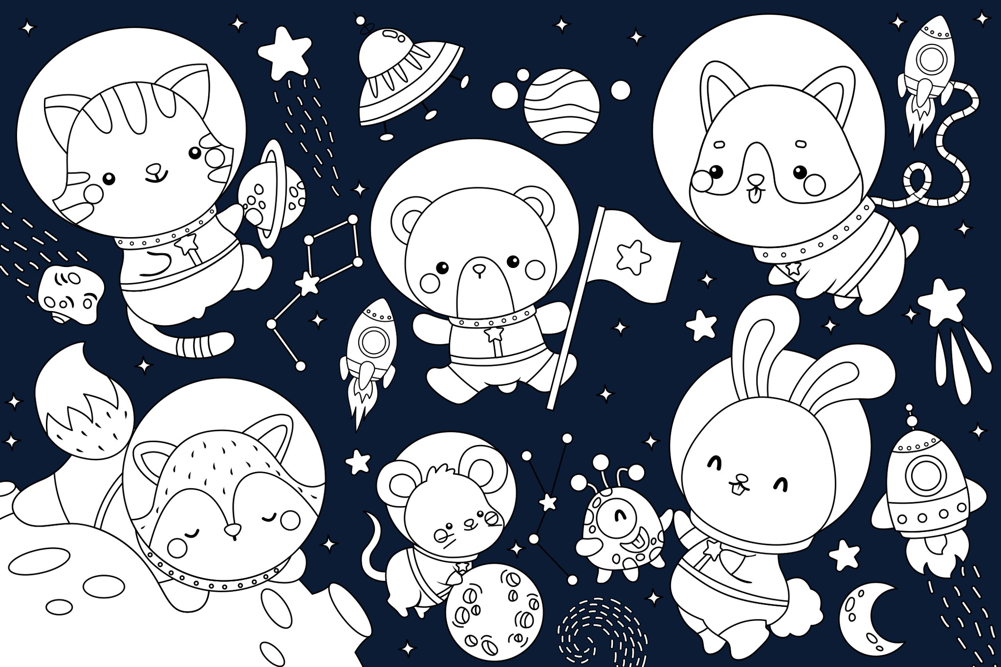 Animals Astronauts Galaxy and Space Clipart Coloring – inkleystudio