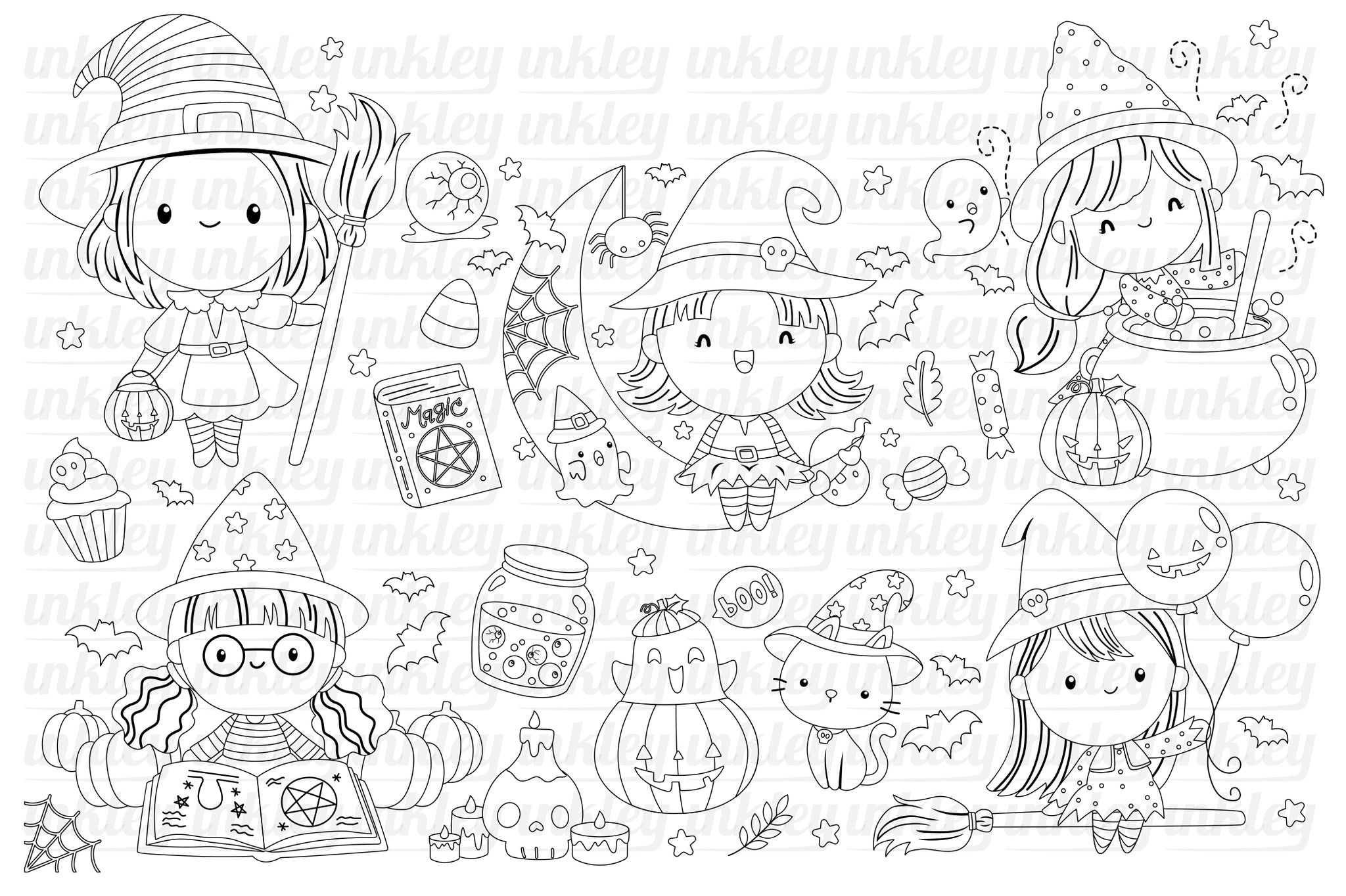 Cute Witch Clipart - Cute Halloween Clip Art Coloring – inkleystudio