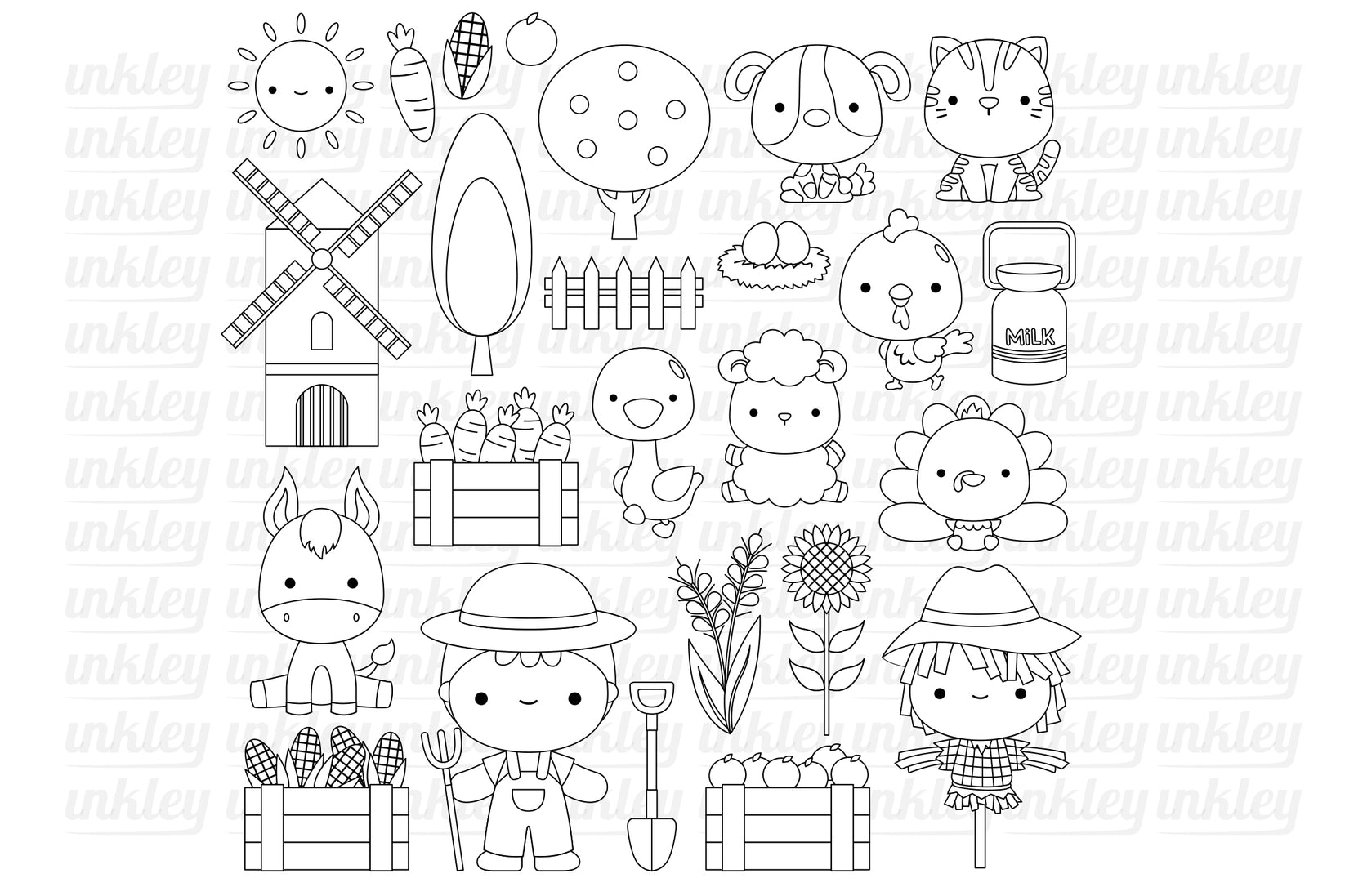 Doodle Cute Farm Animals Clipart Coloring – inkleystudio