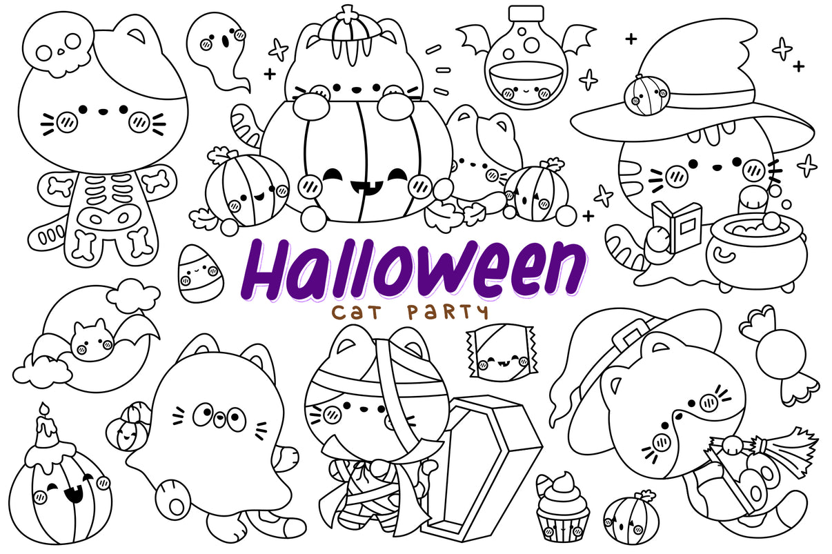 Cute Cat Clipart - Cute Halloween Clip Art Coloring – inkleystudio
