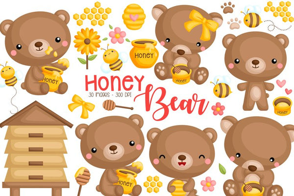 Honey Bear Clipart - Cute Animal Clip Art – inkleystudio