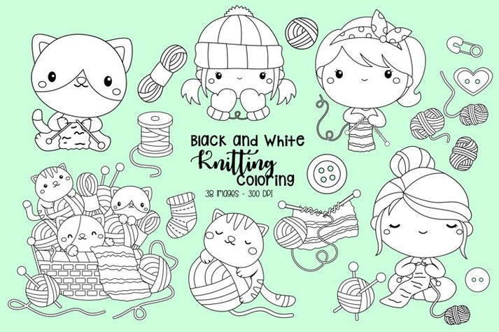Black and White Knitting Clipart - Cute Cat Clipart – inkleystudio