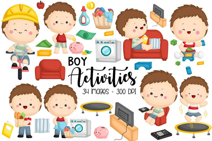 Boy Activity Clipart - Cute Kid Clip Art – inkleystudio