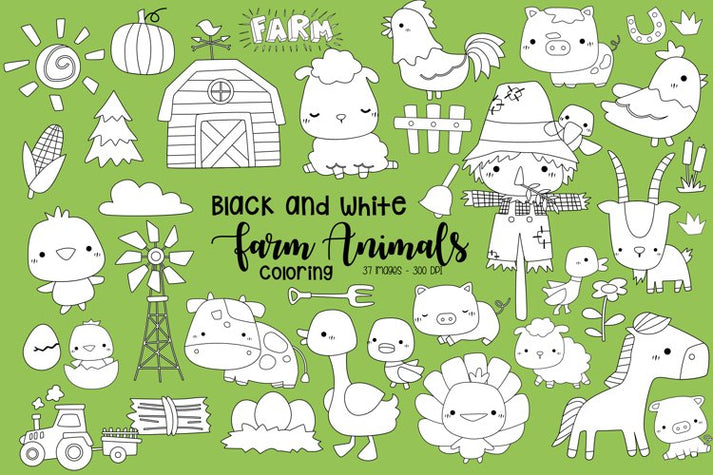 Black and White Coloring Farm Animal Clipart – inkleystudio