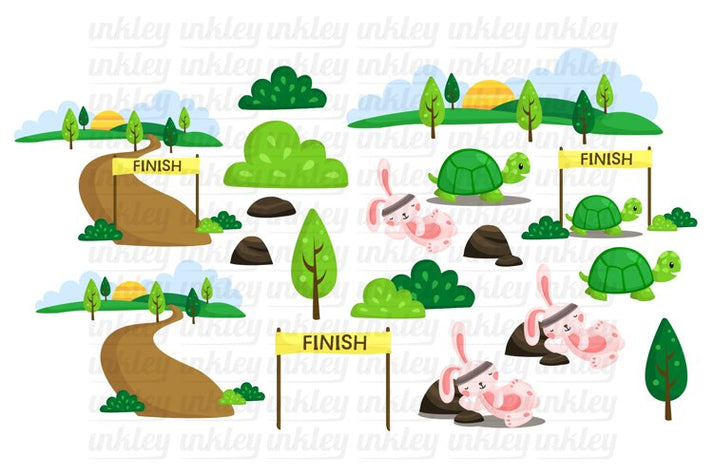 Rabbit and Tortoise Race Clipart - Cute Animal Clip Art – inkleystudio