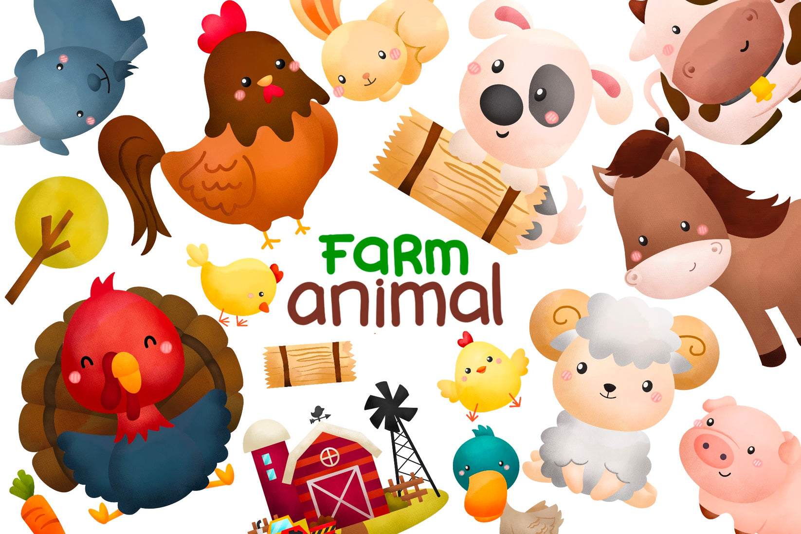 Watercolor Farm Animals Clipart - Cute Animal Clip Art – inkleystudio