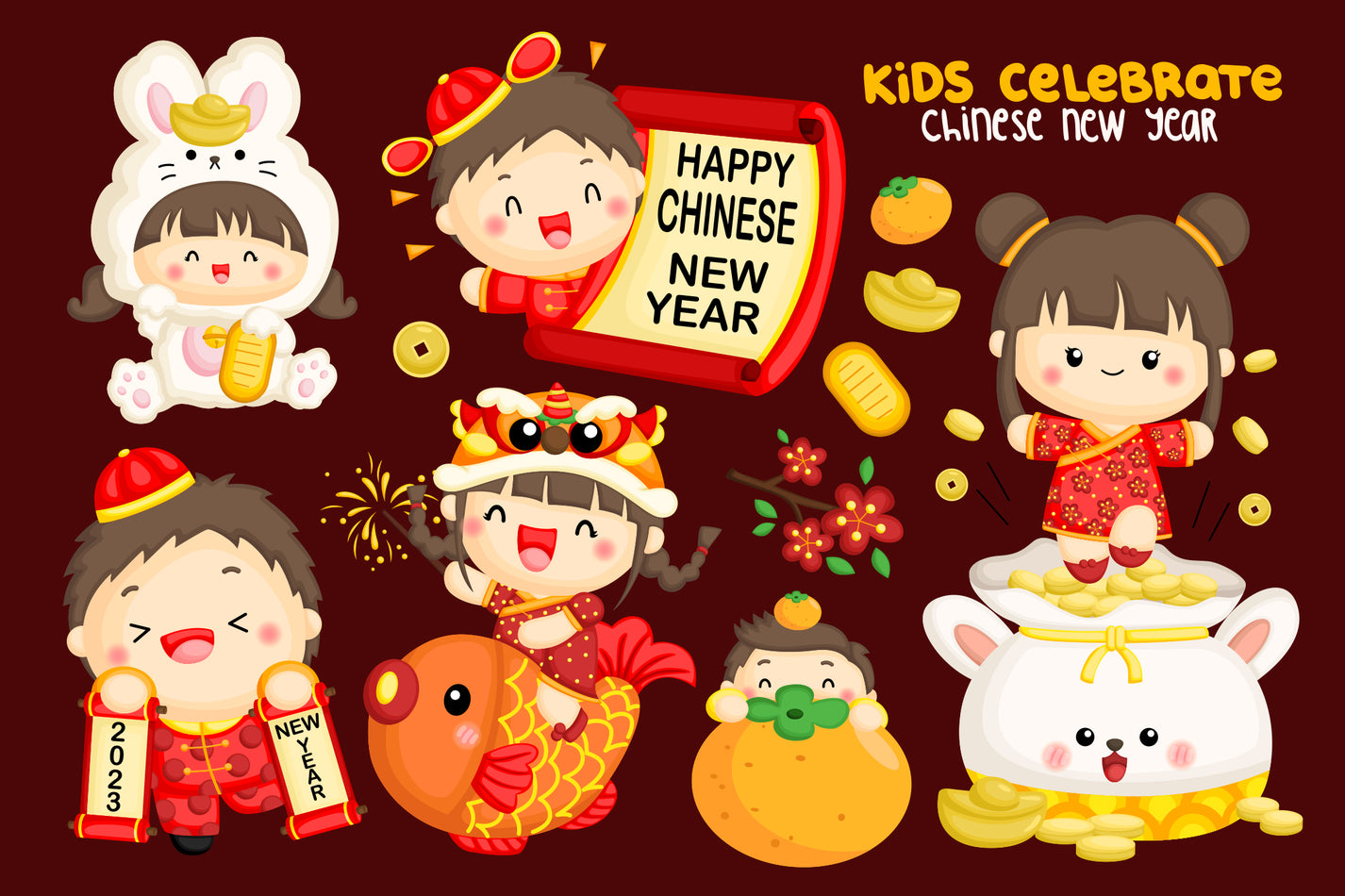 Year of the Rabbit Kids Clipart - Chinese New Year Clip Art – inkleystudio