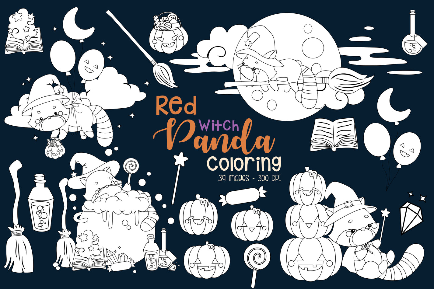 Red Panda Witch Clipart - Cute Halloween Clip Art – inkleystudio