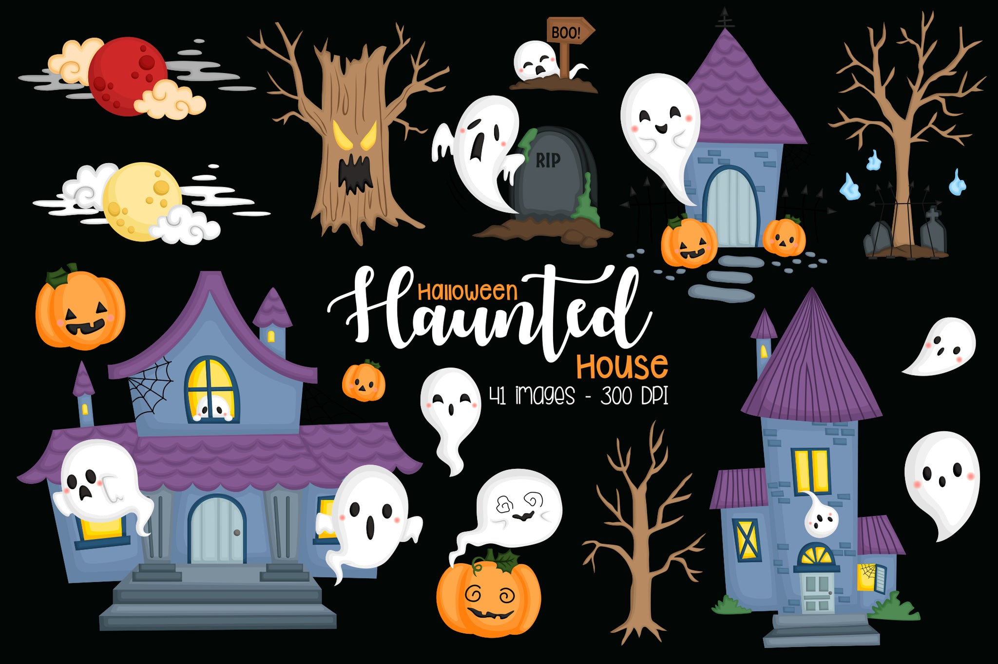 Haunted House Clipart - Cute Halloween Clip Art – inkleystudio