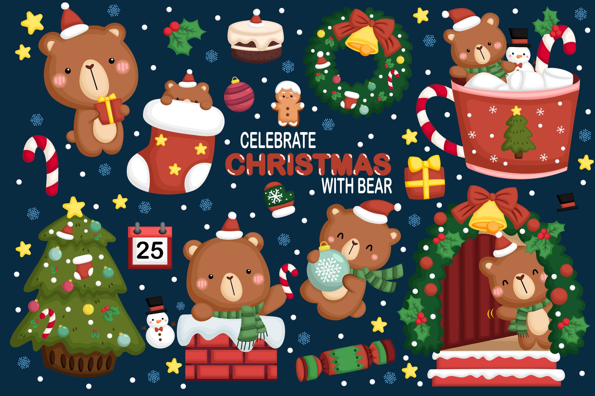 Christmas Bear Clipart - Cute Animal Bear Clip Art – inkleystudio