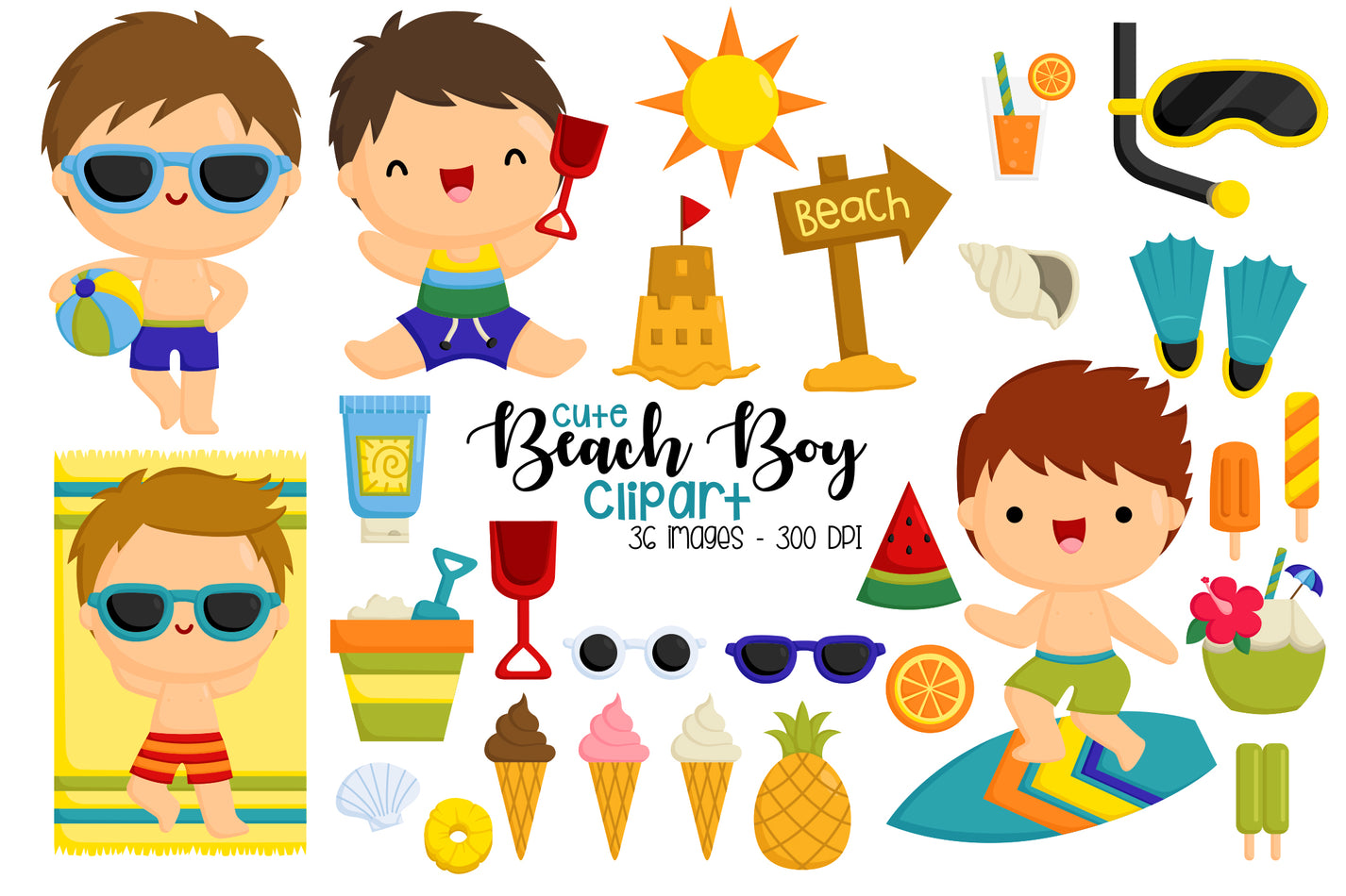 Boy on Beach Clipart - Cute Kids Clip Art – inkleystudio