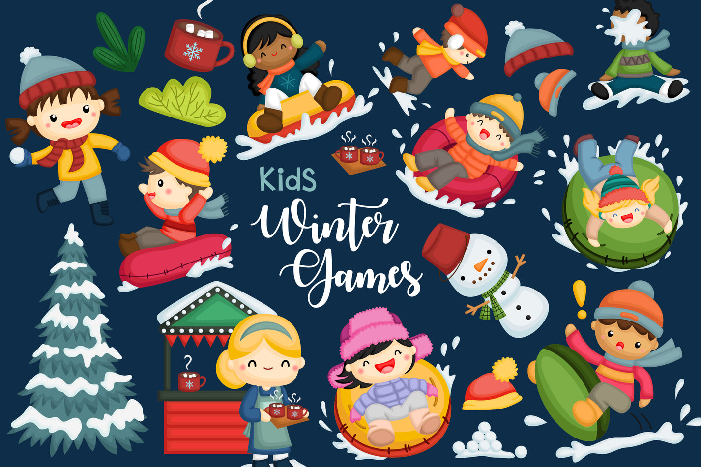 Cute Winter Games Clipart - Kids in Winter Clip Art – inkleystudio