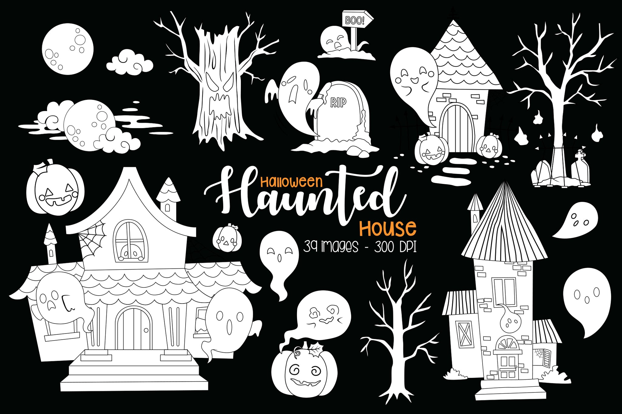 Haunted House Clipart - Cute Halloween Clip Art Coloring – inkleystudio