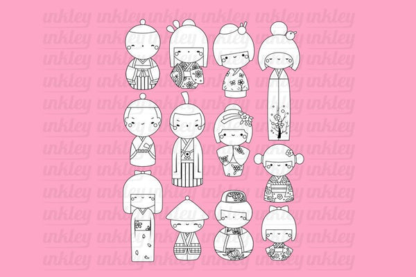 Black and White Coloring Japan Kokeshi Dolls Clipart – inkleystudio