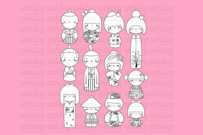 Black and White Coloring Japan Kokeshi Dolls Clipart – inkleystudio