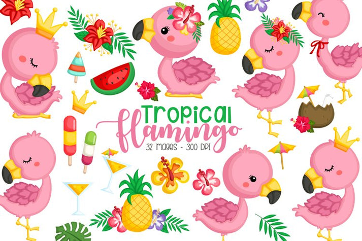 Cute Flamingo Clipart - Tropical Bird Clip Art – inkleystudio