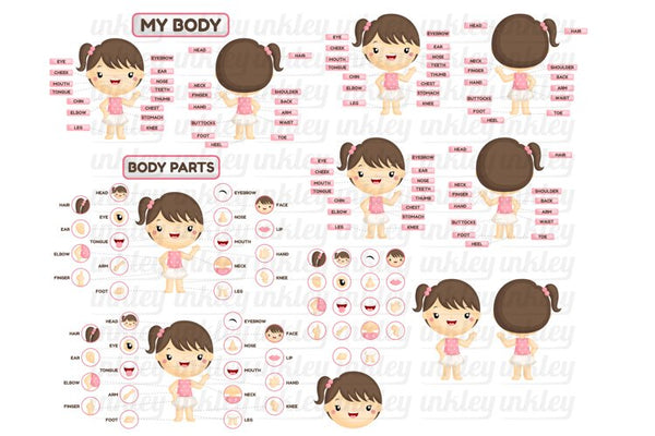 Girl Body Parts Clipart - Kids Body Part Chart Clip Art – inkleystudio