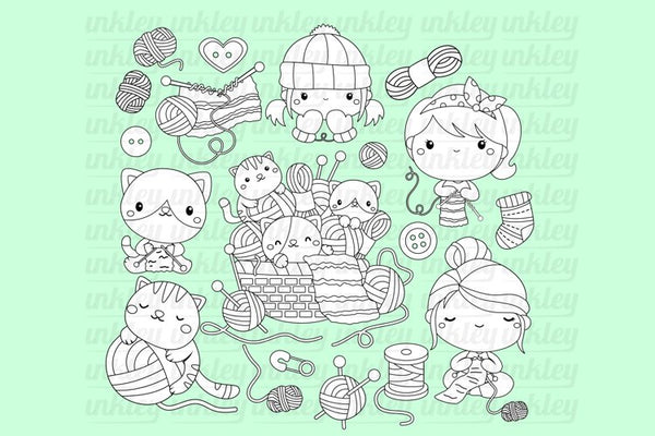 Black and White Knitting Clipart - Cute Cat Clipart – inkleystudio