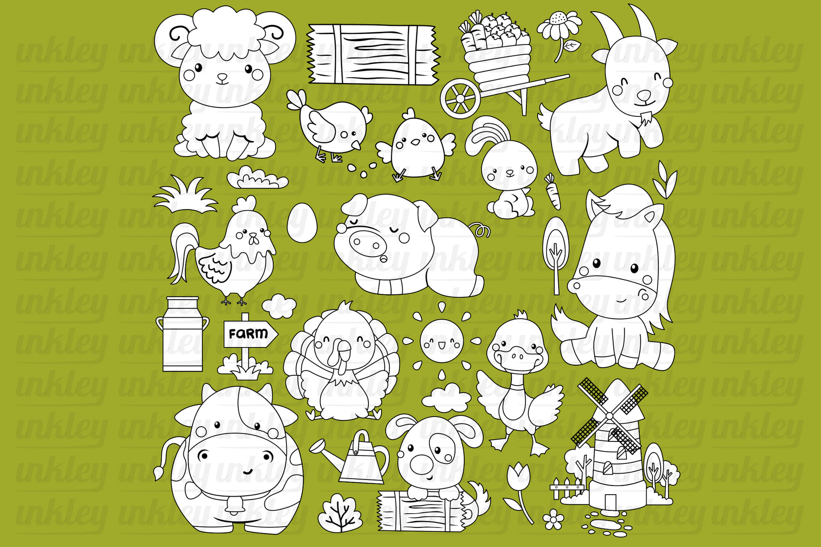 Farm Animals Clipart - Cute Animal Clip Art Coloring – inkleystudio