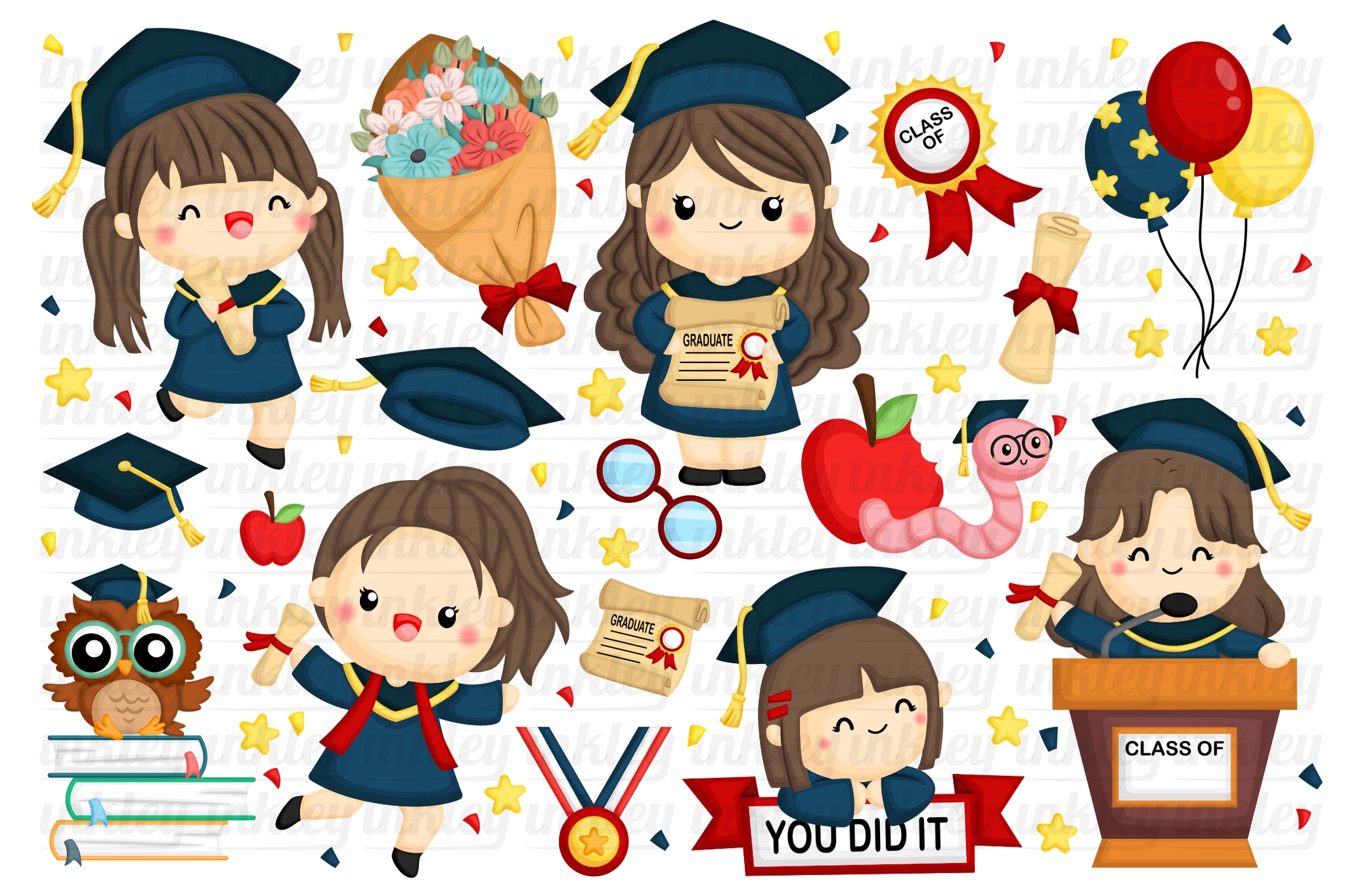Girl Student and Graduation Clipart - School and University – inkleystudio