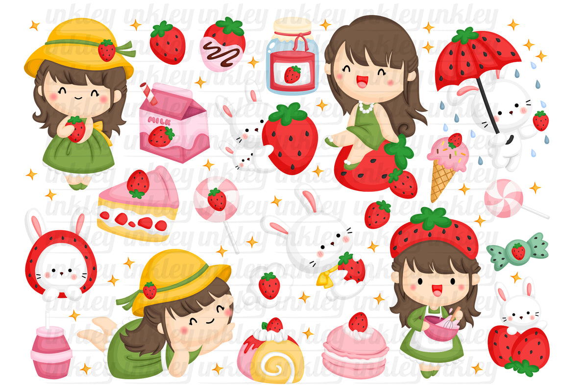Strawberry Girl Clipart - Kids and Food Clip Art – inkleystudio