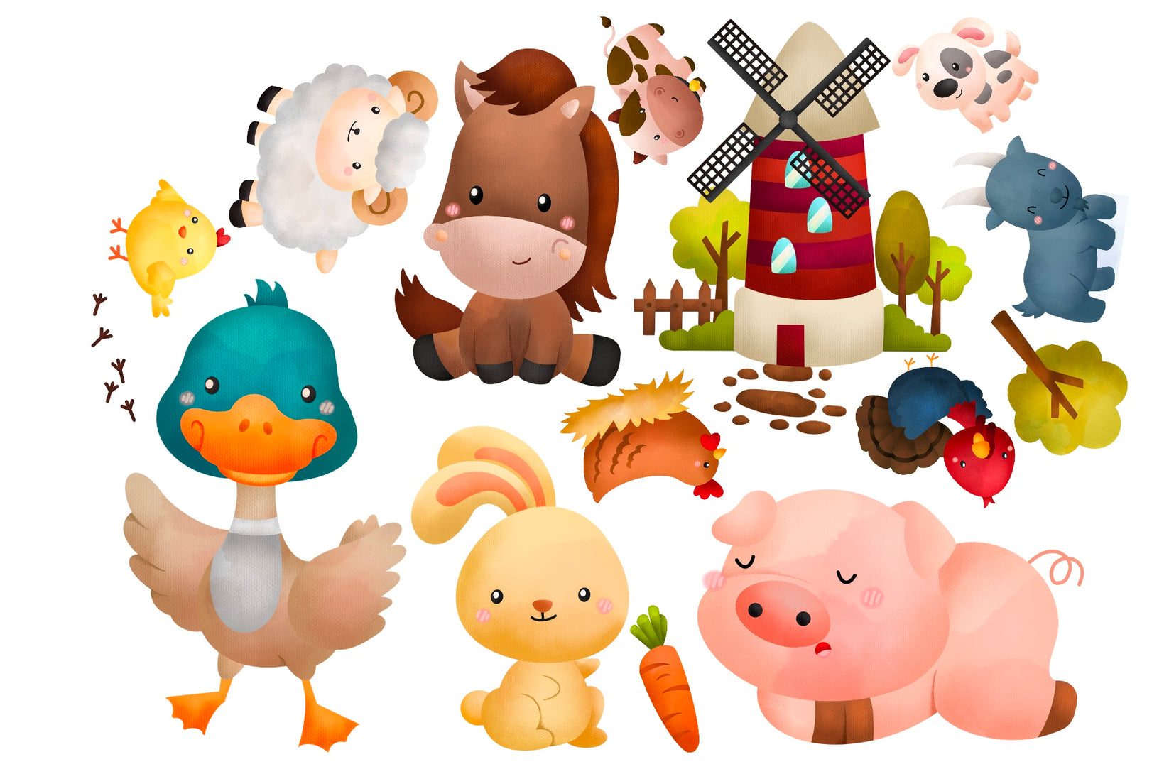 Watercolor Farm Animals Clipart - Cute Animal Clip Art – inkleystudio