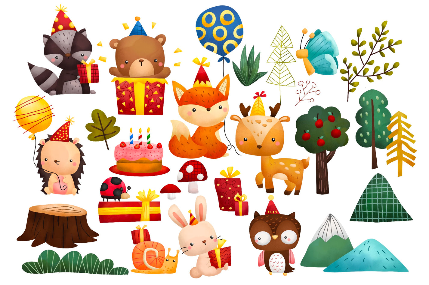 Watercolor Woodland Animal Birthday Clipart – inkleystudio