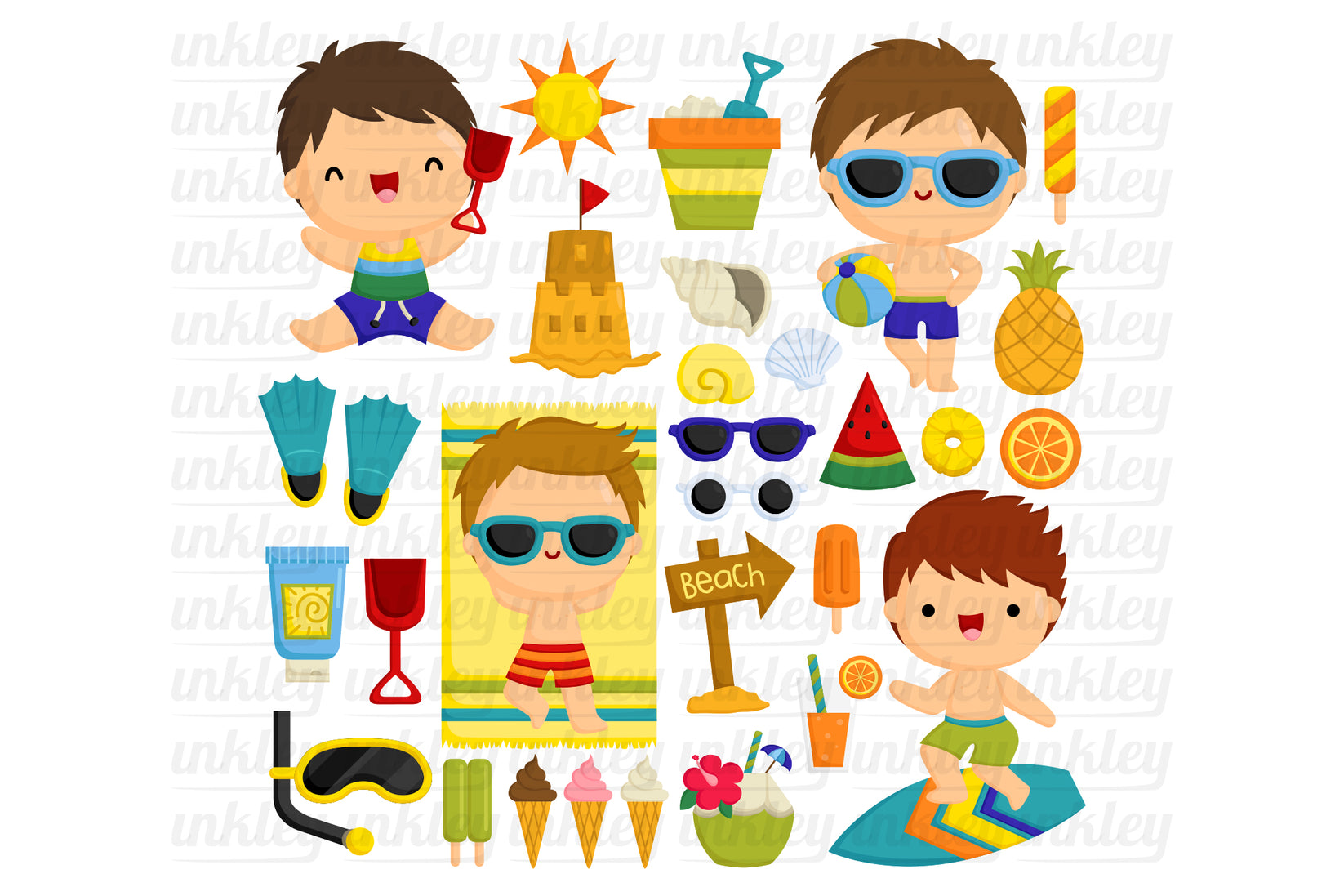 Boy on Beach Clipart - Cute Kids Clip Art – inkleystudio
