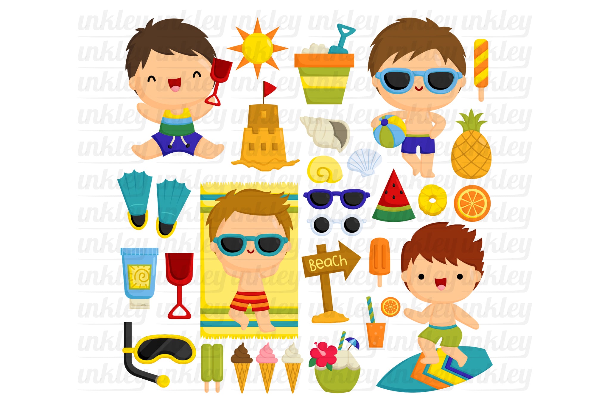 Boy on Beach Clipart - Cute Kids Clip Art – inkleystudio
