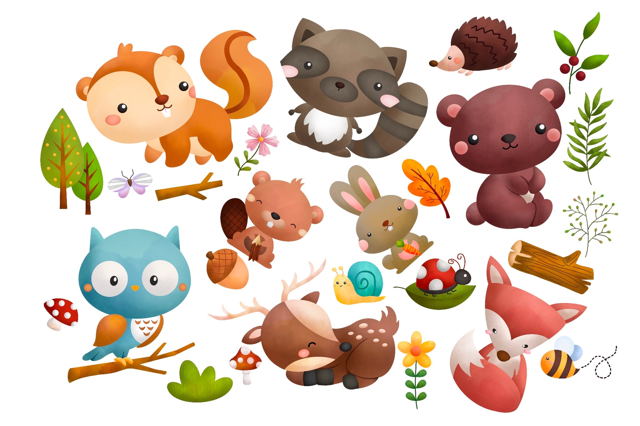 Watercolor Woodland Animals Clipart - Cute Forest Animals – inkleystudio