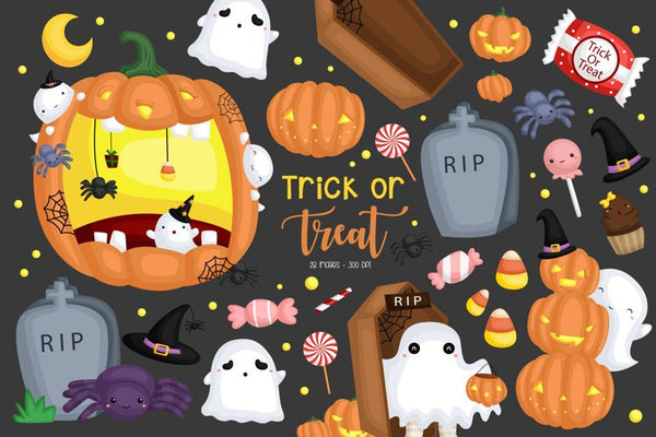 Halloween Pumpkin Clipart - Cute Ghost Clip Art – inkleystudio