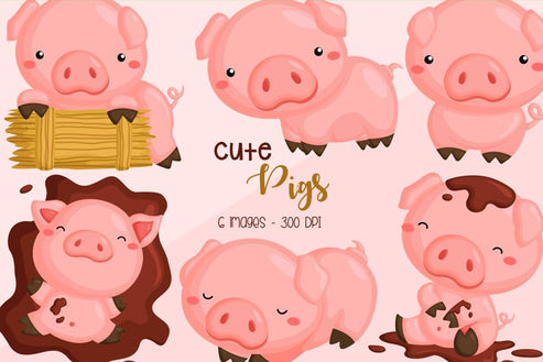 Cute Pig Clipart - Cute Animal Clip Art – inkleystudio