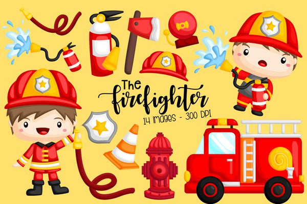 Cute Fireman Clipart - Job and Occupation Clip Art – inkleystudio