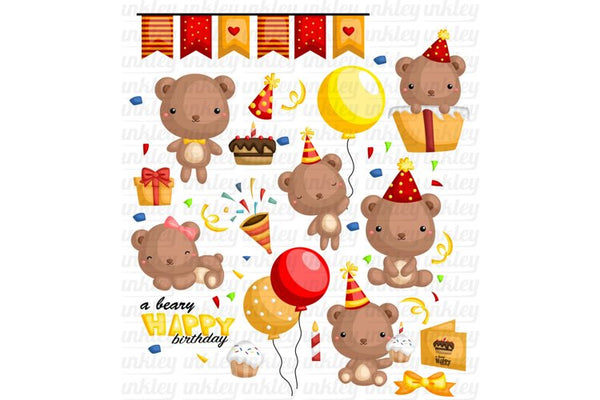 Birthday Bear Clipart - Cute Animal Clip Art – inkleystudio
