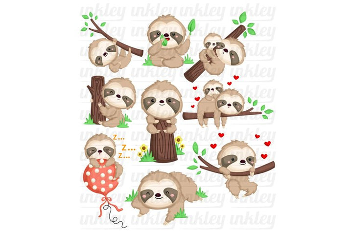 Cute Sloth Clipart - Sloth on a Tree Clipart – inkleystudio